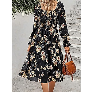 PRETTYGARDEN Women's Long Sleeve Midi Dresses 2023 Square Neck Floral Aline Boho Fall Casual Smocked Dress