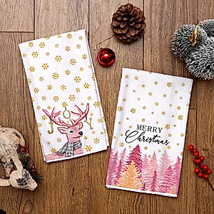 ARKENY Christmas Kitchen Towels Set of 2,Pink Xmas Tree Merry Christmas Dish Towels 18x26 Inch,Hoilday Farmhouse Home Decoration AD105