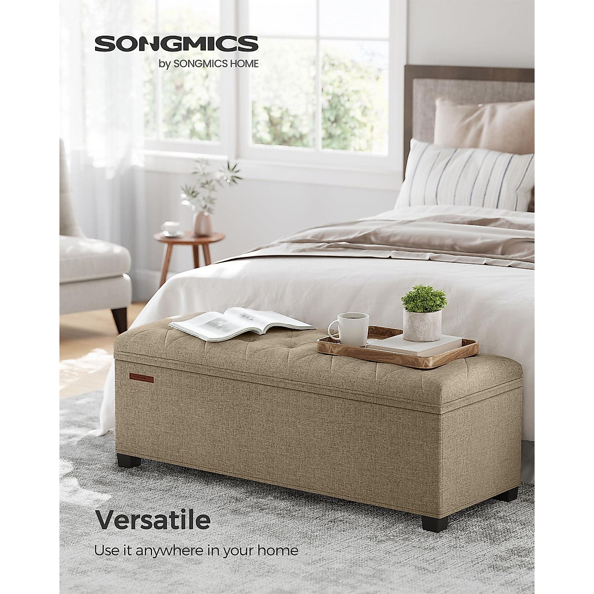 SONGMICS Storage Ottoman Bench, Foldable Foot Rest with Legs, 15.7 x 43 x 15.7 Inches, End of Bed Bench, Storage Chest, Load up to 660 lb, for Living Room, Bedroom, Entryway, Camel Brown ULSF088R01