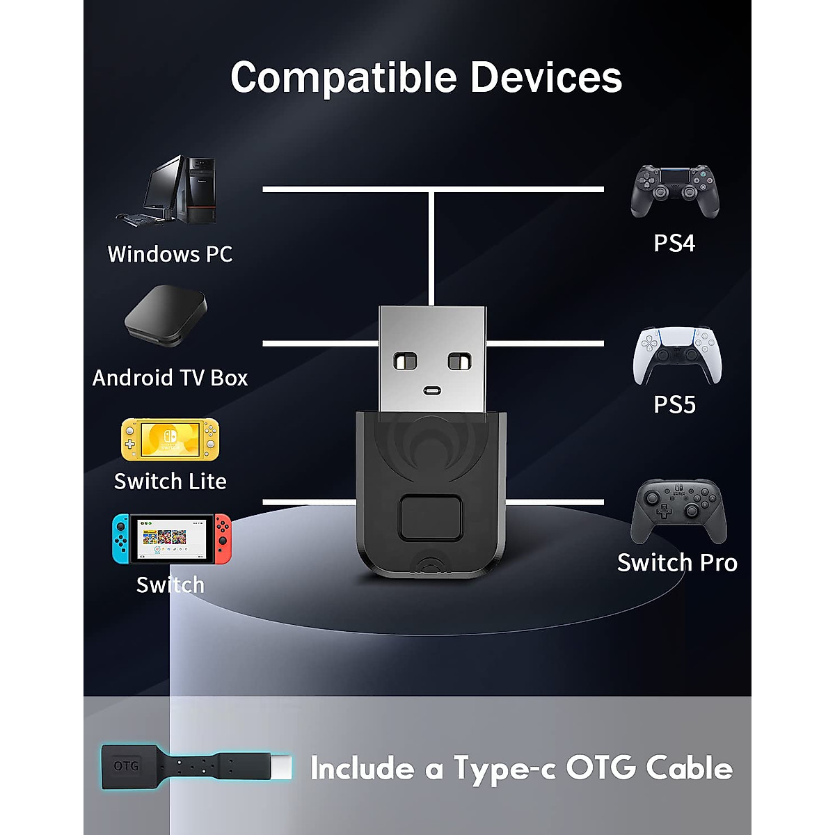 Bluetooth Controller Adapter for PS4/ PS5/ Switch Pro Controller, AOLION Wireless Controller Adapter Compatible with Switch/ Switch Lite/ Windows PC/ Android TV Box/ Steam (Include a Type-c OTG Cable)