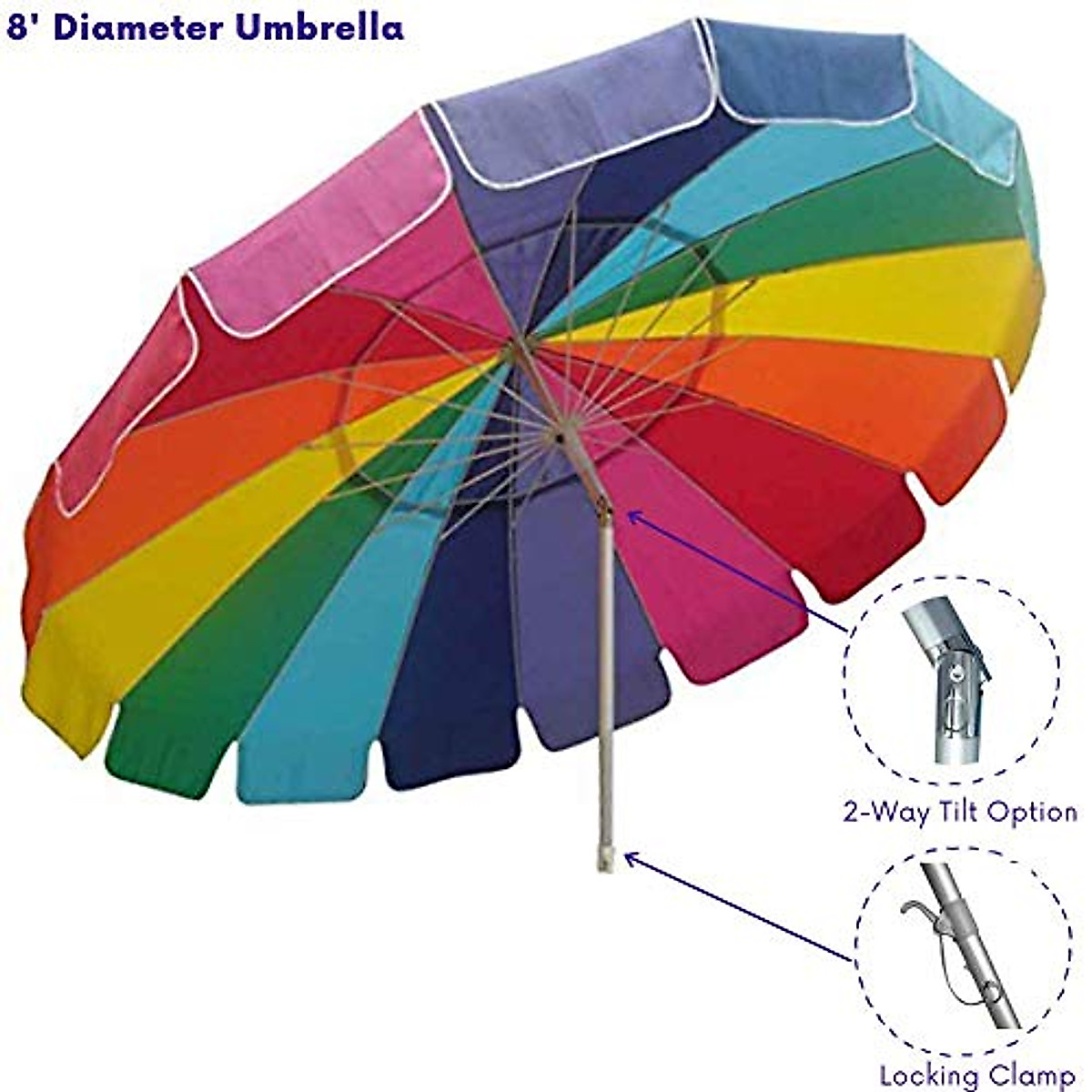 Impact Canopy 8' Beach Umbrella, UV Protected, Vented, Tilt Pole, Sand Anchor, Carry Bag, Rainbow