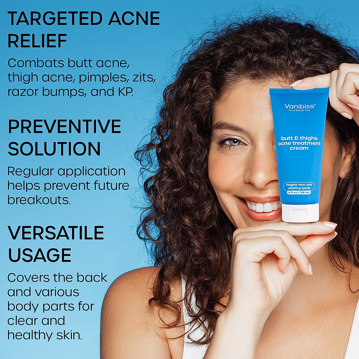 Vanibiss Butt & Thighs Acne Treatment Cream - Reduce Butt Acne, Pimples & Zits - Buttocks Acne Cream - Butt Acne Clearing Lotion - Butt Cream for Bum Acne - 2% Salicylic Acid for Acne Prone Skin (4oz)