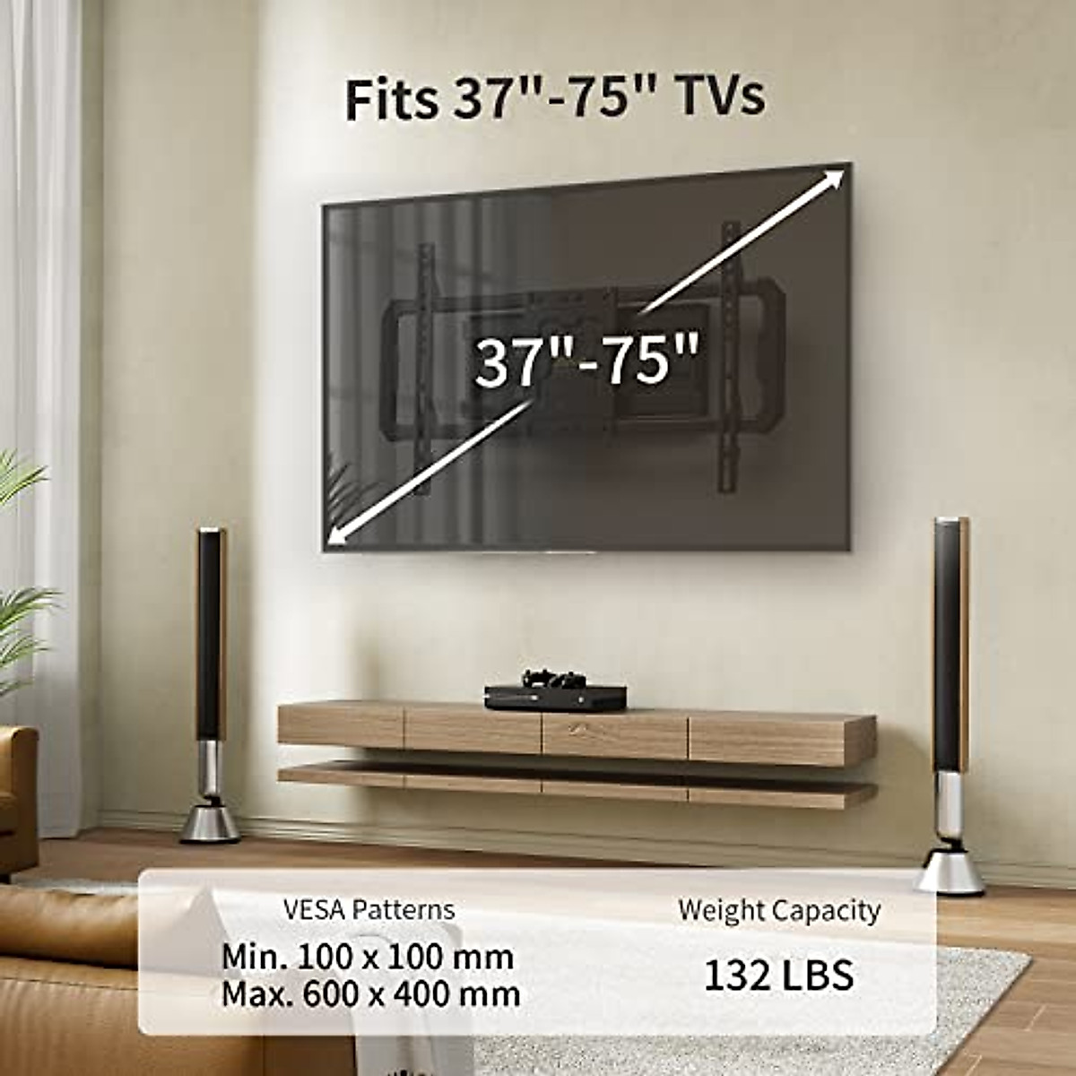 TV Wall Mount Full Motion for Most 37-75 inch OLED QLED 4K Flat/Curved TVs-Sturdy TV Mount Dual Articulating Swivel Tilt Holds up to 132LBS Max VESA 600x400mm- 8/16inch Wood stud Wall Mount TV Bracket