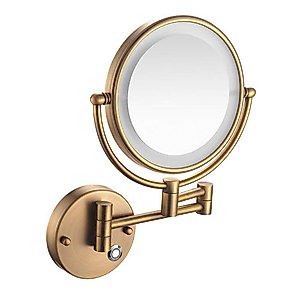 LLUCH Bathroom Mirrors Wall Mounted,Double-Sided Lighted Makeup Mirror 360°Swivel Folding Beauty Mirror Round Shape Extendable,Antique Copper Mirror