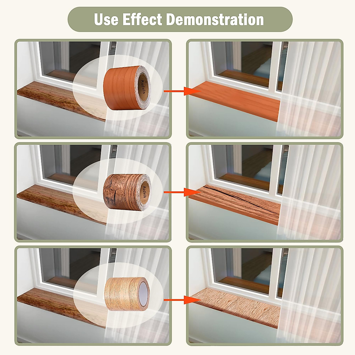 Audvln Wood Grain Repair Tape, 2 inches x 32 feet Wood Grain Tape, Self-Adhesive Wood Tape for Furniture, Flooring, Cabinets, Doors, Windows, Handmade DIY (Begonia Wood Color, 2in)