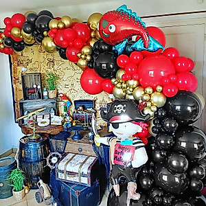 Pirate Ship Party Decorations, 142PCS Red Black Metallic Gold Balloon Arch Garland Kit with Pirate Ship Foil Mylar Balloon for Boys Birthday Ocean Pirate Theme Baby Shower Party Decoration Supplies