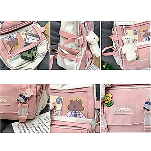 KOWVOWZ Kawaii Backpack with Pins Cute Aesthetic Plush Pendant for Girl Back to School Bag (Pink)