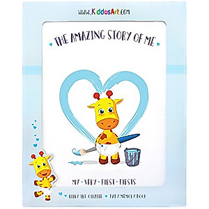 KiddosArt Baby Memory Book. Record Memories and Milestones of The First 5 Years On 72 Beautifully Drawn Pages Starring Lilly The Giraffe Blue. 12 Monthly Stickers Included.