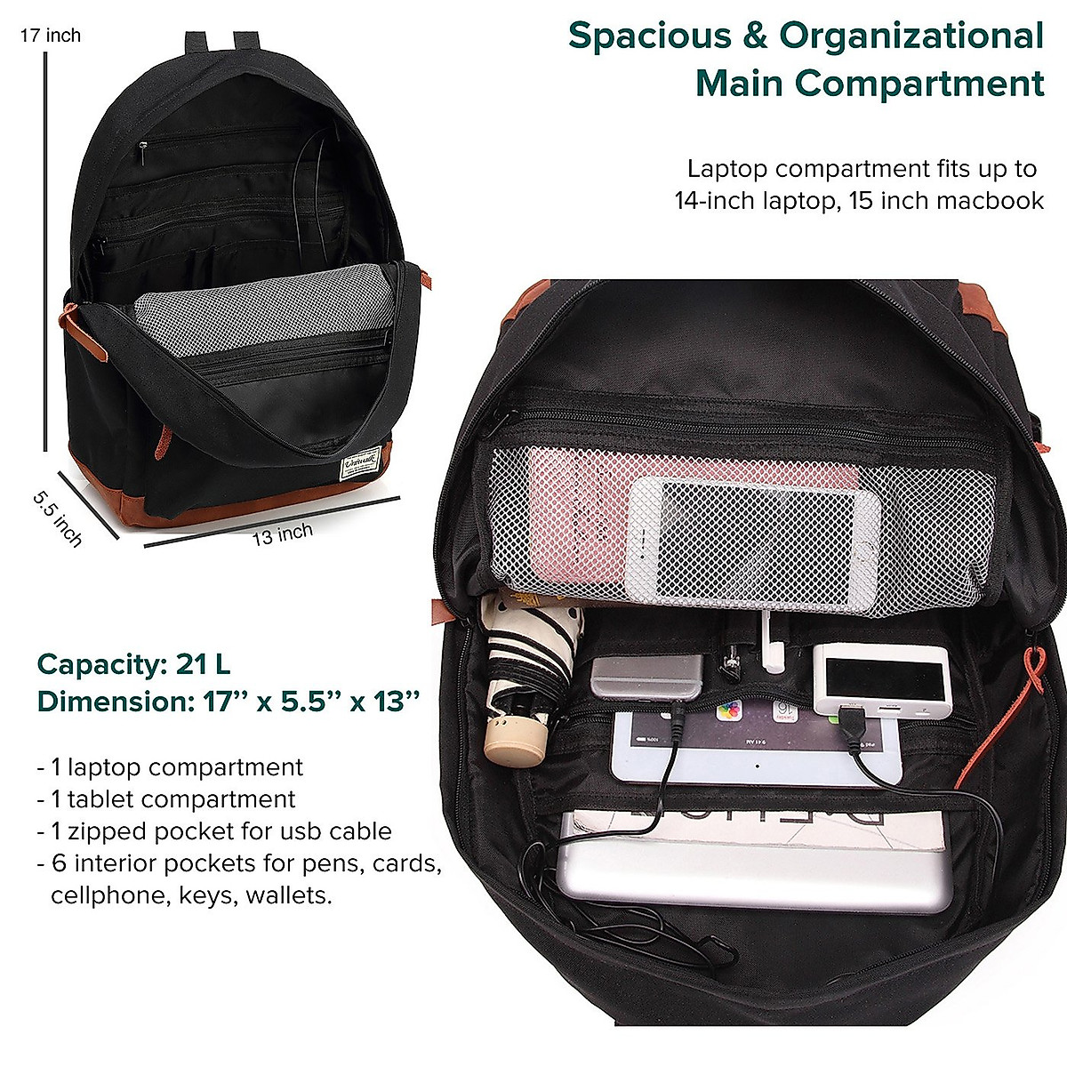 Classic College Backpack, Water-resistent Laptop Backpack with USB Charging Port & Headphone Adapter for Men & Women Slim Anti-Theft Travel Bookbags Fits up to 14'' Computer 15'' Macbook - Black