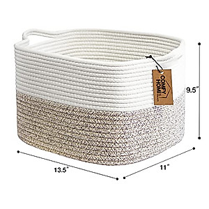 COMFY-HOMI 13.5"x11"x 9.5" Square Cotton Rope Woven Basket with Handle Laundry Storage Bin (Set of 2) Brown and Light Grey