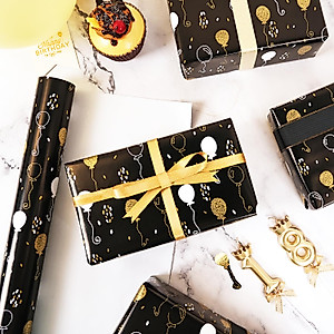 Birthday Wrapping Paper Roll - Matte Black and Gold Foil Gift Wrapping Paper for Women Men Boys Girls, Gold Foil Balloon Design Gift Wrap for Birthday Father’s Day Graduation, 17 Inch X 33 Feet