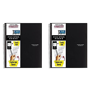 Five Star Spiral Notebook + Study App, 3 Subject, College Ruled Paper, Fights Ink Bleed, Water Resistant Cover, 8-1/2" x 11", 150 Sheets, Black (72069) (Pack of 2)