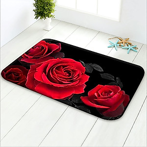 LIVILAN Black Bath Mat, Flower Bathroom Rugs, Red Bath Rugs, 24''X16'', Super Soft and Absorbent Shaggy Plush Red Rose Bath Rugs, Memory Foam Non-Slip.