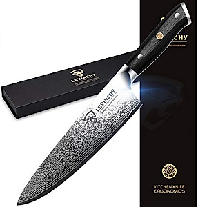 LEVINCHY 8 inch Damascus Chef Knife with Black Premium G10 Handle, Professional Damascus Stainless Steel Knife, Ergonomic, Superb Edge Retention, Stain & Corrosion Resistant