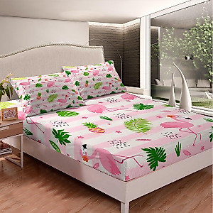 Feelyou Pink Flamingo Bed Sheet Set Full Size, Tropical Flamingo Fitted Sheet Flamingo Bedding Set Plam Leaves Bed Cover with 2 Pillow Case (No Flat Sheet)