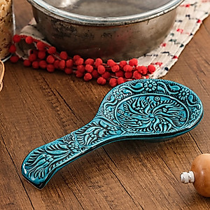 BCS Spoon Rest Set of 2 - Ceramic Spoon Holder for Stovetop & Kitchen Counter - Dishwasher Safe Handmade Kitchen Utensil (Turquoise 4.5" W x 9" L)