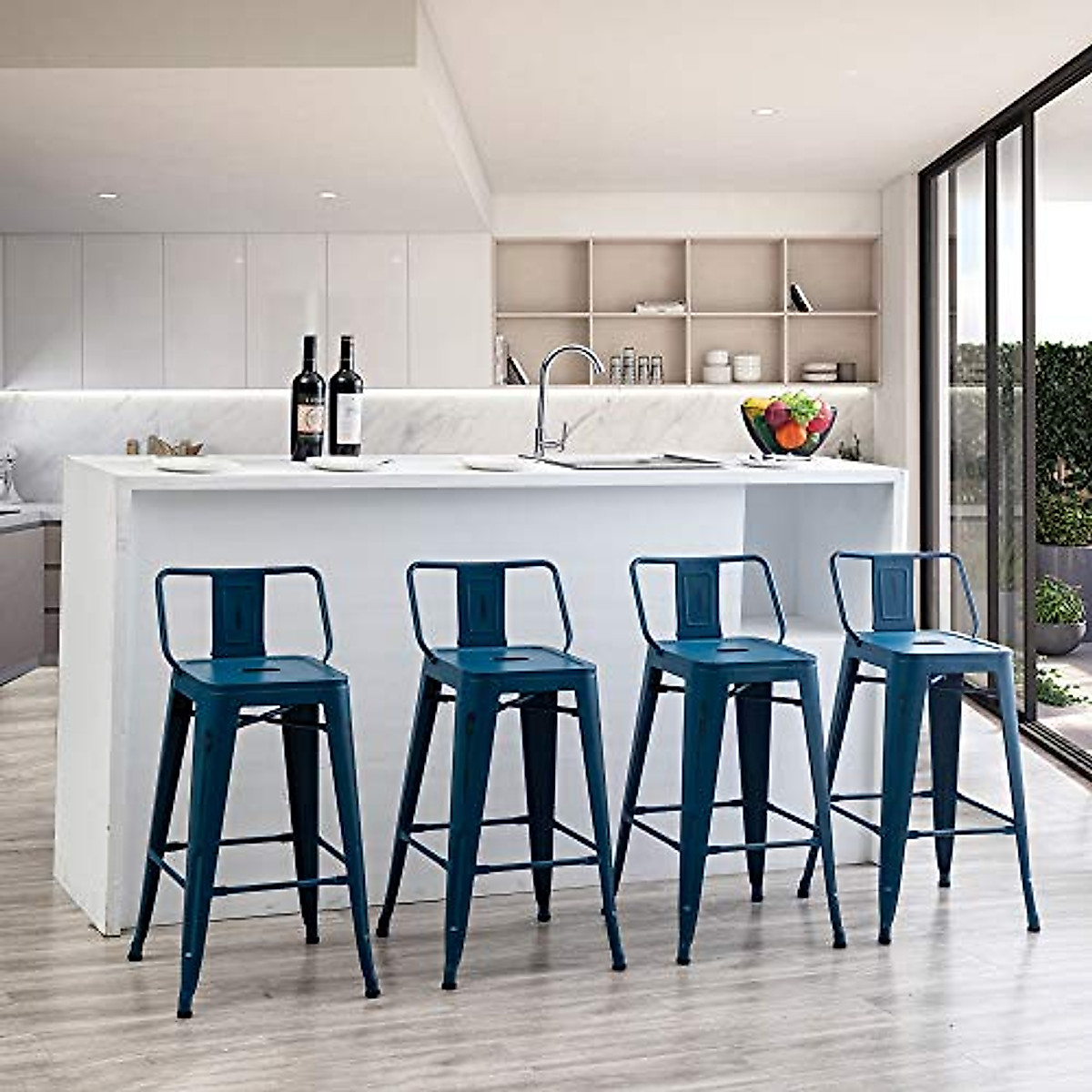 Aklaus Metal Bar Stools Set of 4 Barstools Counter Height Bar Stools with Back Industrial Bar Stools Indoor Outdoor Kitchen Dining Chairs Modern Bar Chairs Distressed Navy Blue 24inch Stools