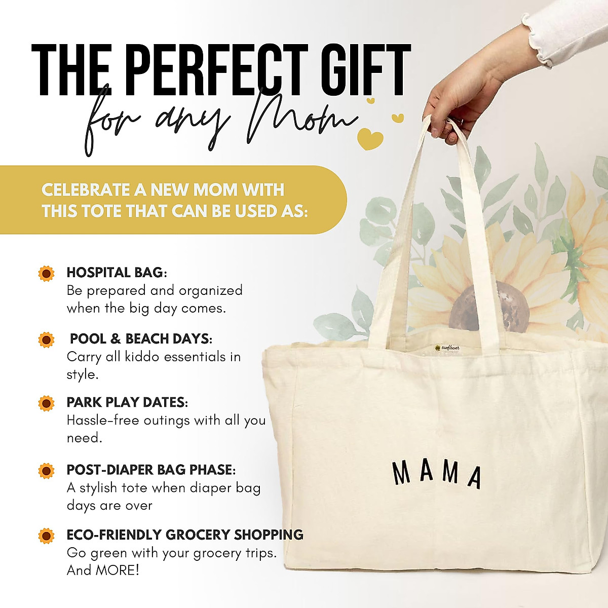 Sunflower Motherhood Mom Hospital Bag | Mama Canvas Tote Bag With Six Pocket Organization | Cute Tote Bags For Baby Shower Gifts For Mom | Mommy Bag for Hospital or Diaper Bag