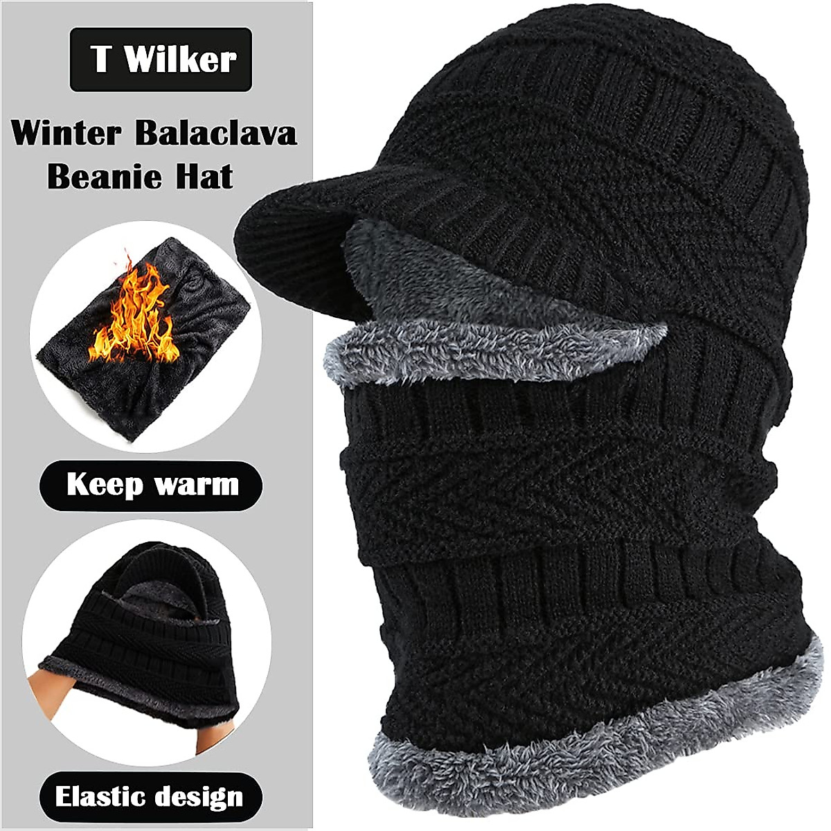 T WILKER 2Pcs Winter Knit Beanie Balaclava Hat Anti-Slip Touch Screen Mittens Set Thermal Ski Mask Cap Unisex for Womens Mens Black