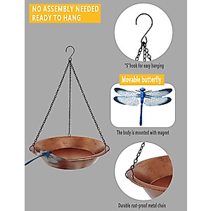Keygift Hanging Bird Bath for Outdoor, Antique Copper Metal Bird Feeder Birdbath Bowl with 17” Rust-Proof Black Chains for Garden Backyard Decor