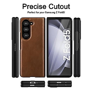Cresee Case for Samsung Galaxy Z Fold 5 (2023) with Cover Screen Protector, PU Leather & Hard PC Bumper Phone Case for Galaxy Z Fold5 - Brown