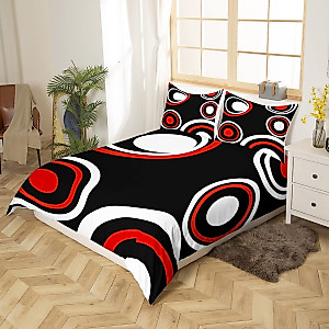 Abstract Square Circle Duvet Cover Set King Size,Geometric Art Pattern Comforter Cover with 2 Pillowcases,3 Piece,Modern Black Red White Bedding Set for Adult Young Bedroom Xmas Gift