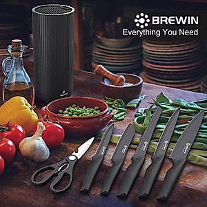 Knife Set, Brewin Kitchen Knife Set, Knives Set for Kitchen, Universal Knife Block, Utility Knife Block Set, Kitchen Essentials, New Home Essentials, Apartment Essentials, Dishwasher Safe, All Black