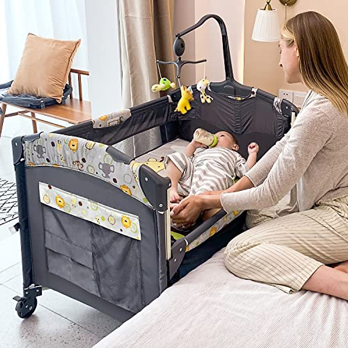 SKIH 5 in 1 baby bedside Sleeper, Bassinet with Toys & Music Box, Mattress, Foldable Playard, Portable Travel crib for Girl Boy Infant Newborn (Grey)