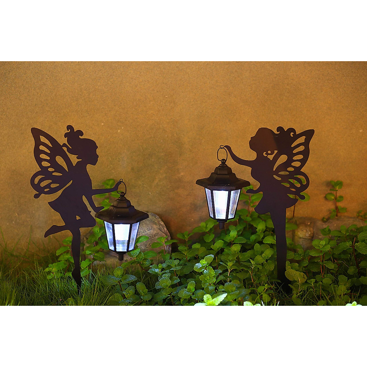 CHUANGFENG Metal Fairy Stake Solar Light Outdoor Decoration Garden Solar Fairy Stake Statues Decor with Solar Lanterns for Lawn Patio or Courtyard Decor 2 pcs