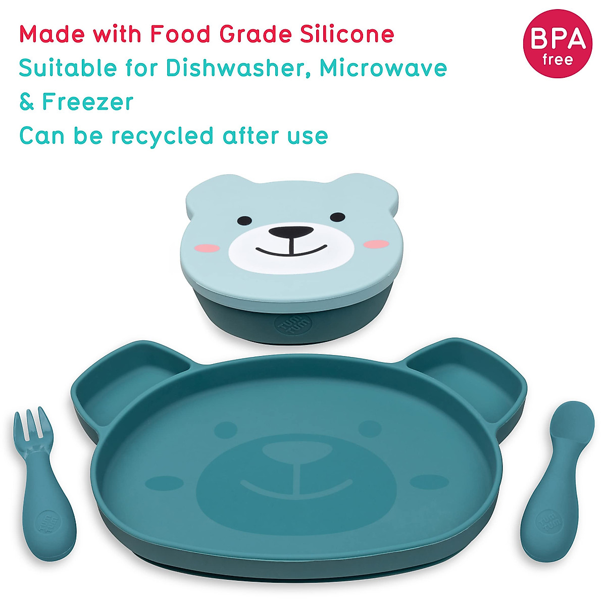 TUM TUM Baby Dinner Set for Weaning, Includes Silicone Suction Plate & Bowl, Baby Cutlery, 6 Months Plus, Dishwasher Safe, BPA Free (Boris Bear)