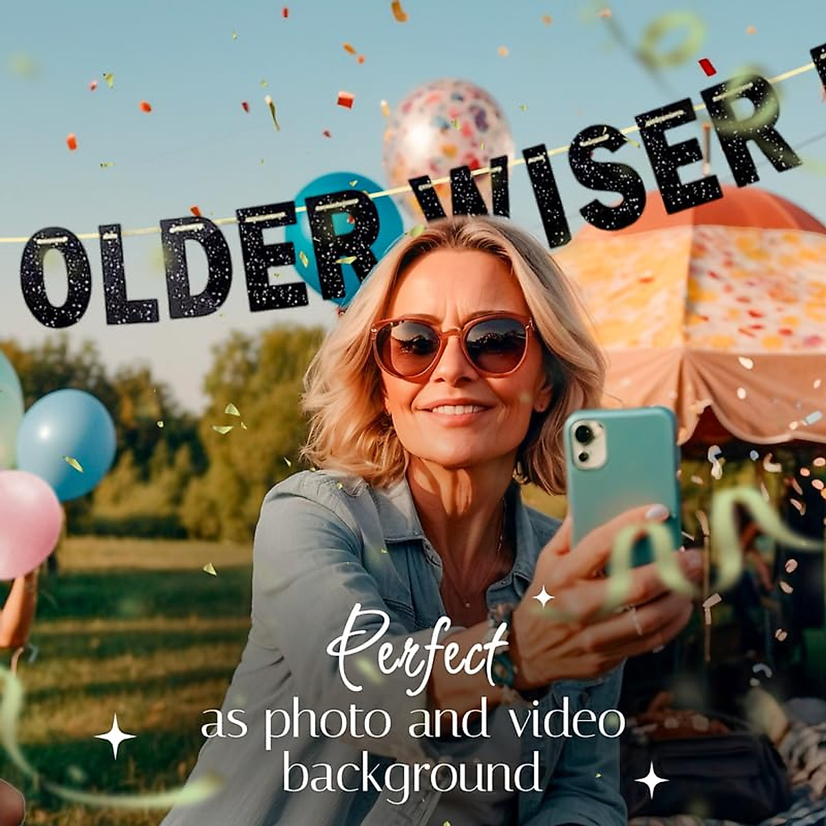 Pre-Strung Older Wiser Hotter Birthday Decorations - Creative Shining Black Happy Birthday Banner - No DIY Party Decorations For Men And Women - Funny Happy Birthday Sign - Thick Cardstock - 9.8 Ft