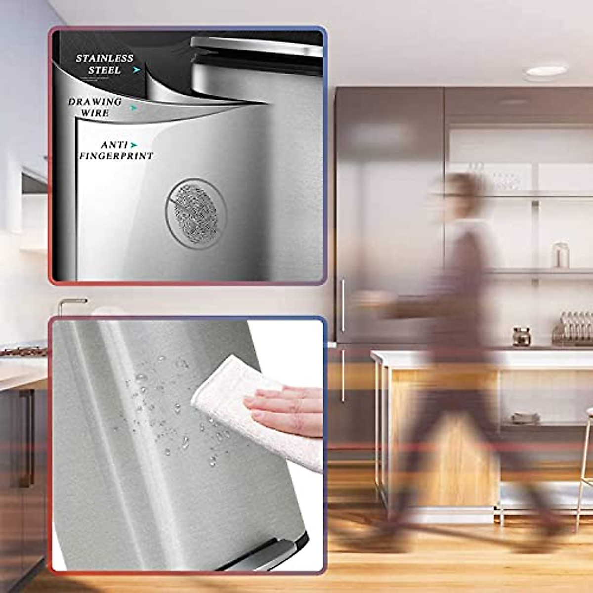 Kitchen Trash Waste Bin 13 Gallon Brushed Stainless Steel Garbage Can with Soft Slow Lid Pedal Trash Can High Capacity 50 Liter Removable Plastic Inner Bucket Large Trash Can for Home Office