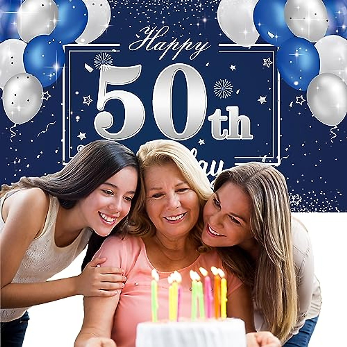 50th Birthday Decorations Banner Men, Blue Silver Happy 50th Bday Decorations for Men, 50th Birthday Decorations Men Blue, 50 Year Old Photography Background