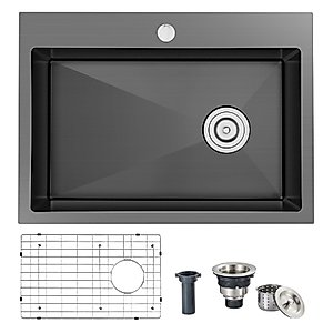 OUGOO Kitchen Sink, 22 x 18 Drop in Sink, 9" Deep Single Bowl Kitchen Sinks, 304 Stainless Steel Topmount Kitchen Sink with Strainer & Bottom Grid, Black