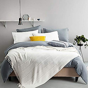 Revdomfly Knitted Throw Blanket White Farmhouse Woven Blankets with Fringe Tassels for Couch Bed, 47" x 67", White