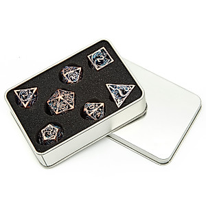 Hollow Metal DND Game Dice Dragon Shaped Blue and Copper Numbers 7Pcs Set for Dungeons and Dragons RPG MTG Table Games D&D Pathfinder Shadowrun and Math Teaching(with Metal case)
