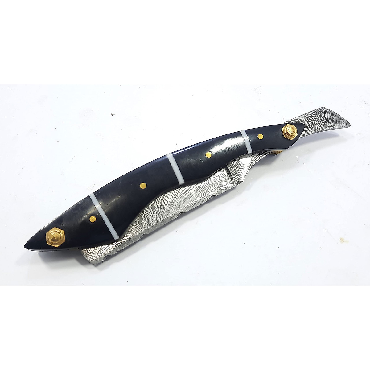 Qureshi Knifes Damascus Steel Straight Razor fixed Blade Camel Bone with Leather Sheath Belt Loop. STR-24001