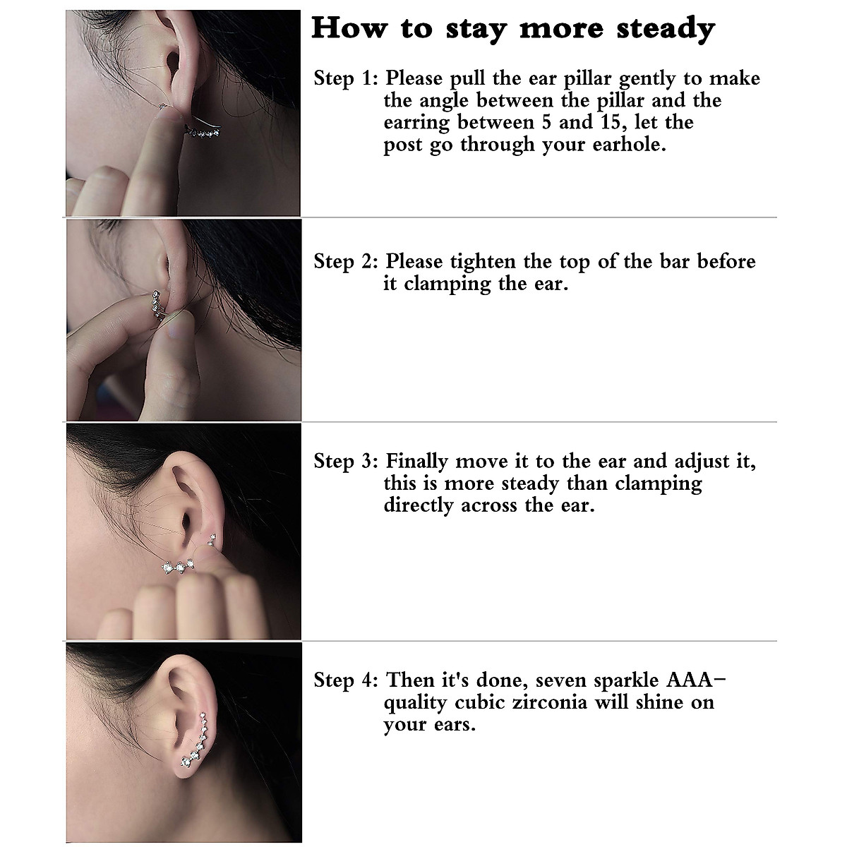 Earring for Women Cartilage 7 Crystals Ear Cuffs Hoop Climber S925 Sterling Silver Earrings with Cubic Zirconia CZ Hypoallergenic Piercing Gifts for Her