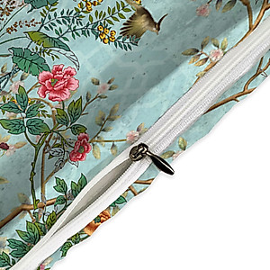 MSSHUKYTT Abstract William Morris Floral Bird Duvet Cover Set 3 Piece Queen Size,Rustic Mid Century Spring Garden Green Leaves Florals Bedding Set 2 Pillow Sham(No Insert)