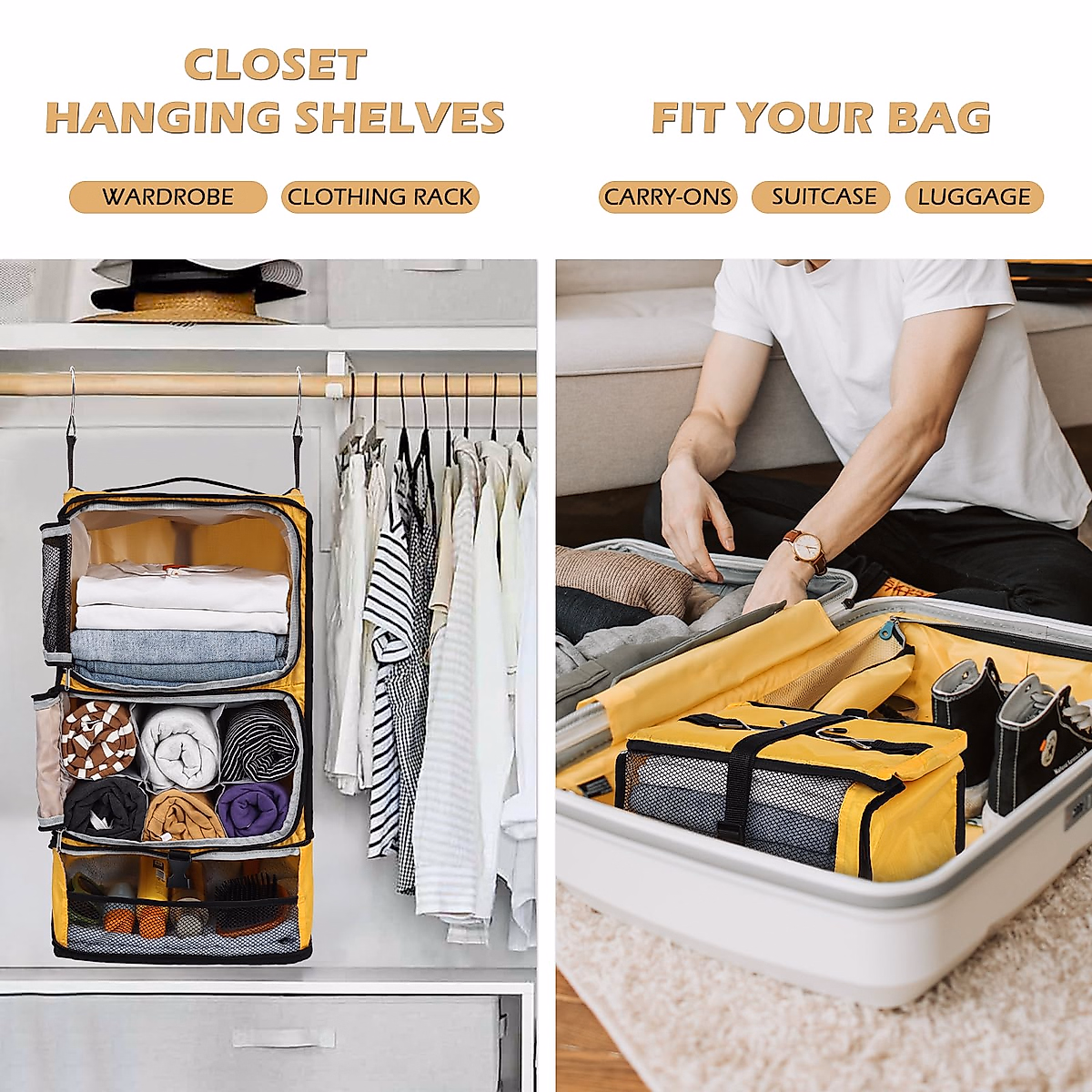 Surblue Hanging Shelves Travel Compression Packing Cube for Carry-on Luggage Suitcase Collapsible Transformable Garment Closet Organizers Large Capacity, Yellow, XL