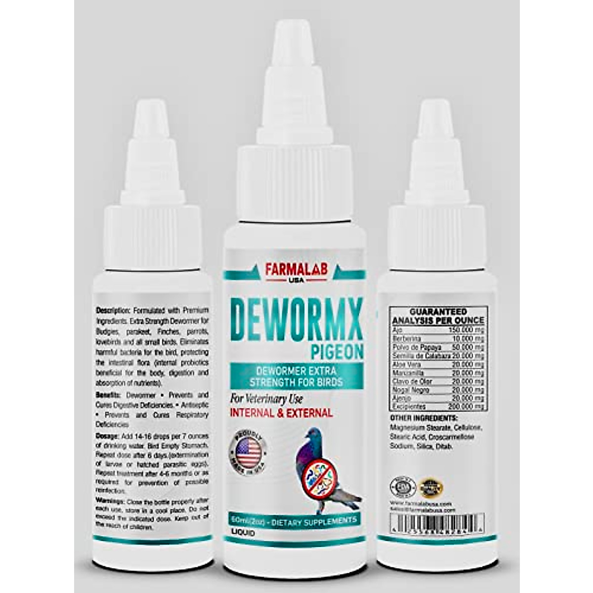 DEWORMX Liquido para Palomas 60ml DEWORMX Liquid for Pigeons Doves Birds 60ml Palomos Buchones Mensajeros Pigeon Tabs Pigeonvita Vitamins La Lechita