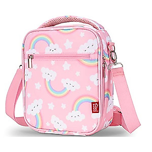 Lunch Box for Kids Girls Insulated Lunch Bag with Shoulder Strap and Pocket Pink Cute Lunch Cooler Thermal Meal Lunch Tote Bag for School Travel Outdoor, Rainbow Lunchbox, Practical Gif
