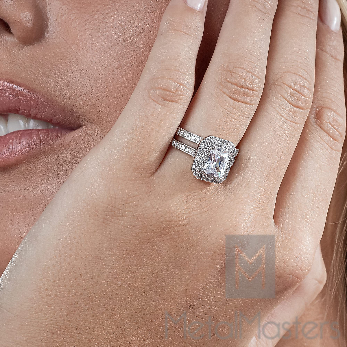 2 Carat Emerald Cut Sterling Silver and Cubic Zirconia Wedding Ring Engagement Band, Bridal Set