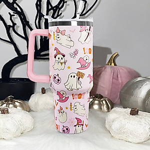 wmvhdiw 30 oz Pink Boo Tumbler Insulated Stainless Tumbler,Halloween Goth Ghost Travel Coffee Cup Water Botter, Witch Goth Decor Halloween Gifts For Women