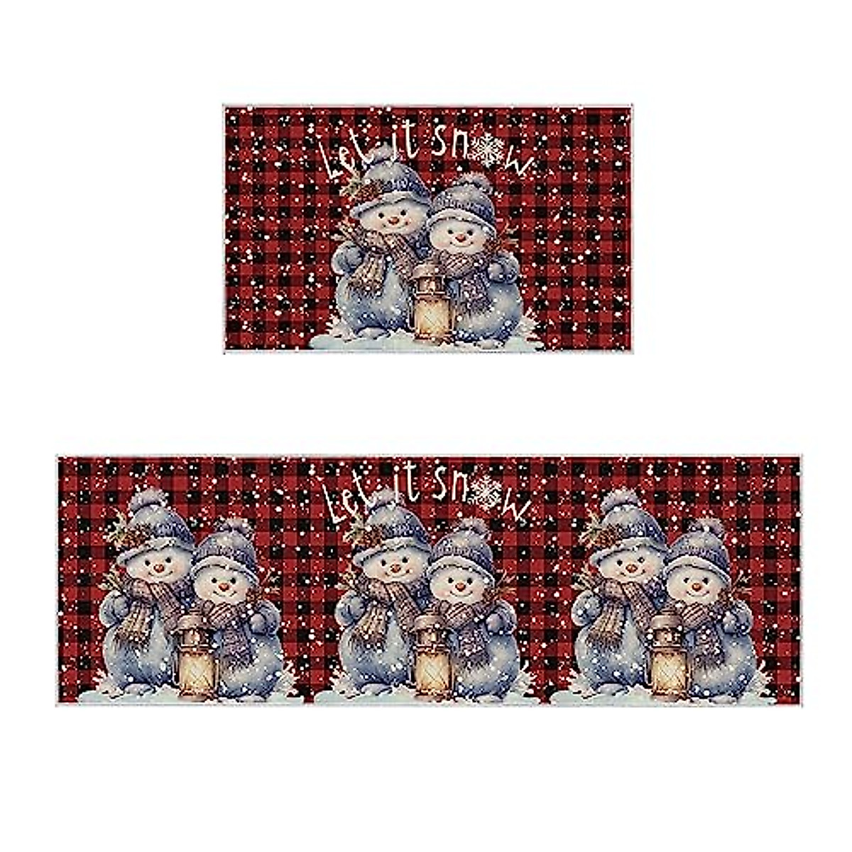 Christmas 2Pcs Kitchen Rugs, Anti Fatigue Kitchen Mat Non Slip Rug Runner Comfort Standing Floor Mats Kitchen Carpet Set for Sink, Laundry - Christmas Cartoon Snowman Red Black Plaid