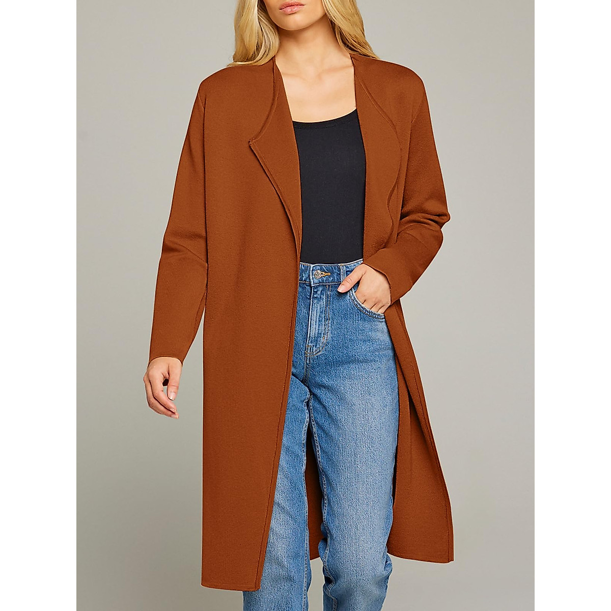 MEROKEETY Womens Fall Long Sleeve Dressy Cardigan Classy Loose Cozy Knitted Long Sweater Jackets, Caramel, L