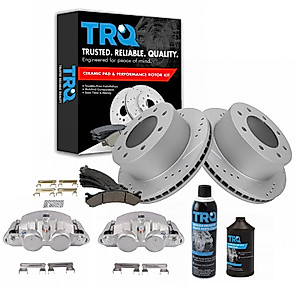 TRQ Rear Ceramic Brake Pad Performance Rotor & Caliper Kit Compatible with GM Dually
