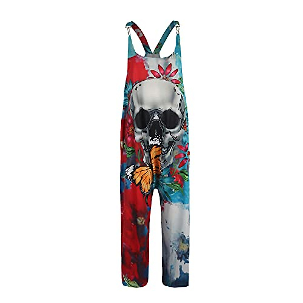 Women Boho Wide Leg Jumpsuits Summer Floral Skeleton Print Plus Size Baggy Dungarees Overalls Y2k Romper Clothes (Color A, Small)