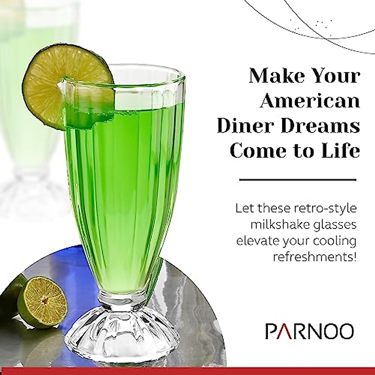 PARNOO Milkshake Glasses - American Retro Style Ice Cream Sundae Glasses with 6 Stainless Steel Spoons for Parties & Events - Perfect for Fruit Salads, Root Beer, Soda, & Floats - 6 Pack, 12 oz