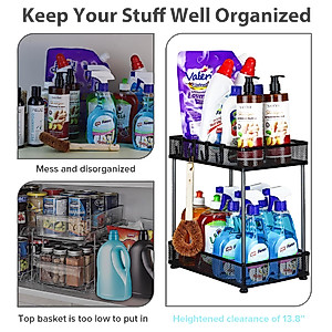 SZJHXIN Under Sink Organizer and Storage, Bathroom Cabinet Organizer, 2 Tier Metal Cabinet Basket Organizer Drawer with 4 Hooks (Black)